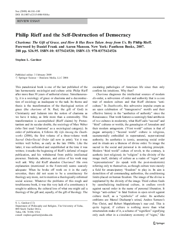 Philip Rieff and the Self-Destruction of Democracy