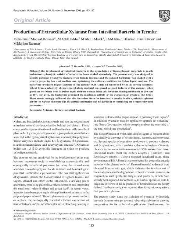 (PDF) Production of Extracellular Xylanase from Intestinal Bacteria in ...