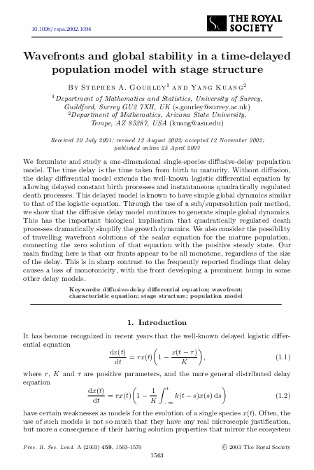 (PDF) Wavefronts and global stability in a time-delayed population model with stage structure
