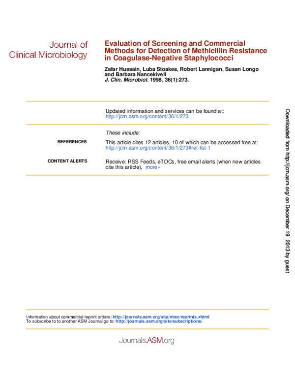 Pdf Evaluation Of Screening And Commercial Methods For Detection Of Methicillin Resistance In