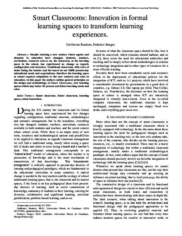 (PDF) Smart Classrooms: Innovation in formal learning spaces to transform learning experiences.