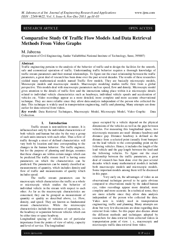 (PDF) Comparative Study Of Traffic Flow Models And Data Retrieval Methods From Video Graphs