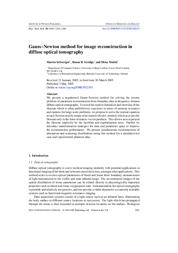 (PDF) Gauss Newton method for image reconstruction in diffuse optical tomography