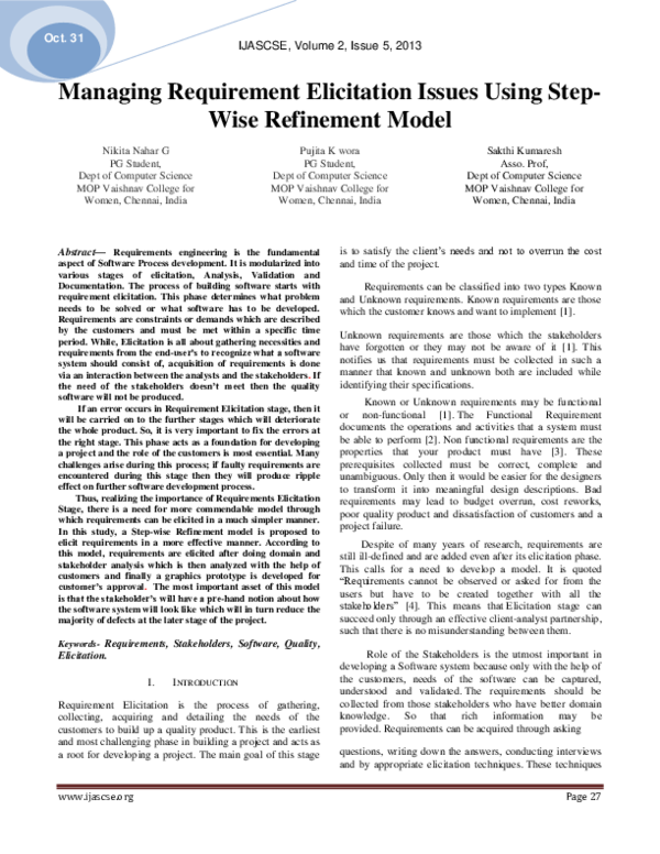 (PDF) Managing Requirement Elicitation Issues Using Step-Wise Refinement Model