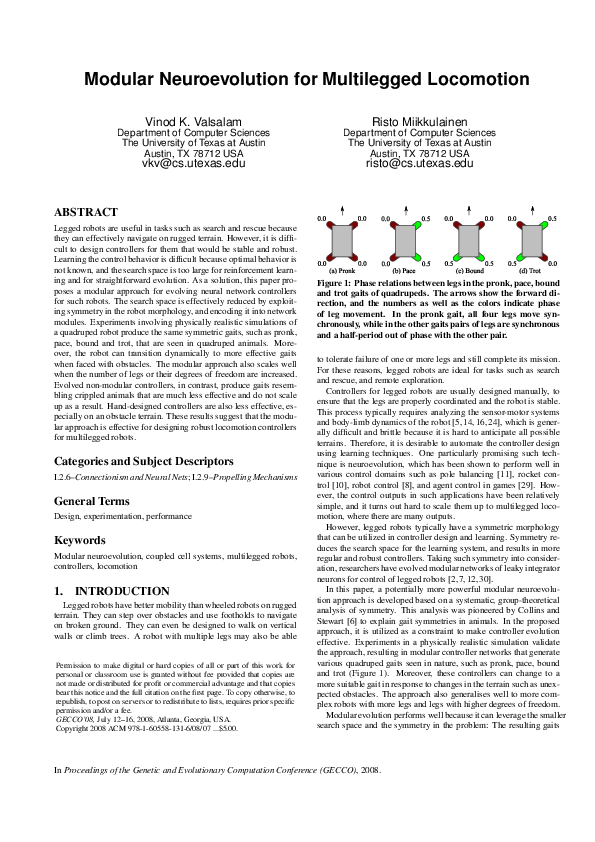 Pdf Modular Neuroevolution For Multilegged Locomotion