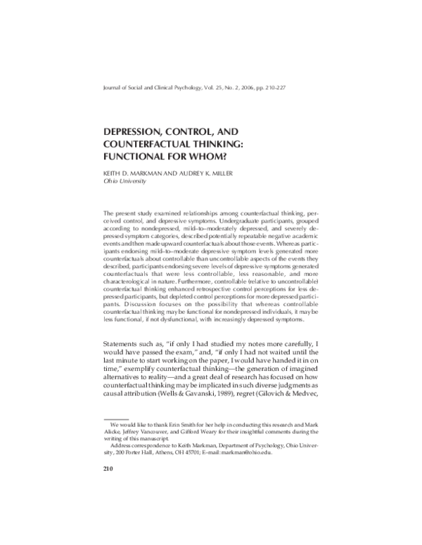 Pdf Depression Control And Counterfactual Thinking Functional For