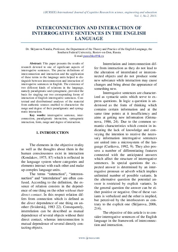 (PDF) INTERCONNECTION AND INTERACTION OF INTERROGATIVE SENTENCES IN THE ...
