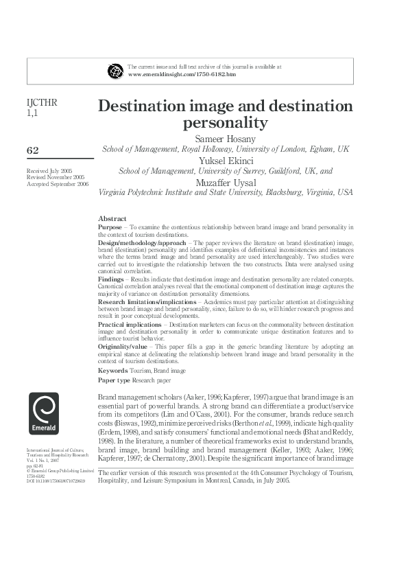 (PDF) Destination image and destination personality