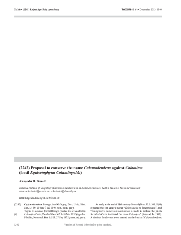 (PDF) Proposal to conserve the name Calamodendron against Calamitea ...