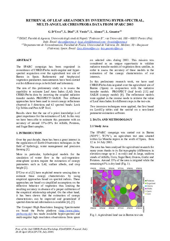 (PDF) RETRIEVAL OF LEAF AREA INDEX BY INVERTING HYPERSPECTRAL, MULTIANGULAR CHRIS/PROBA DATA ...