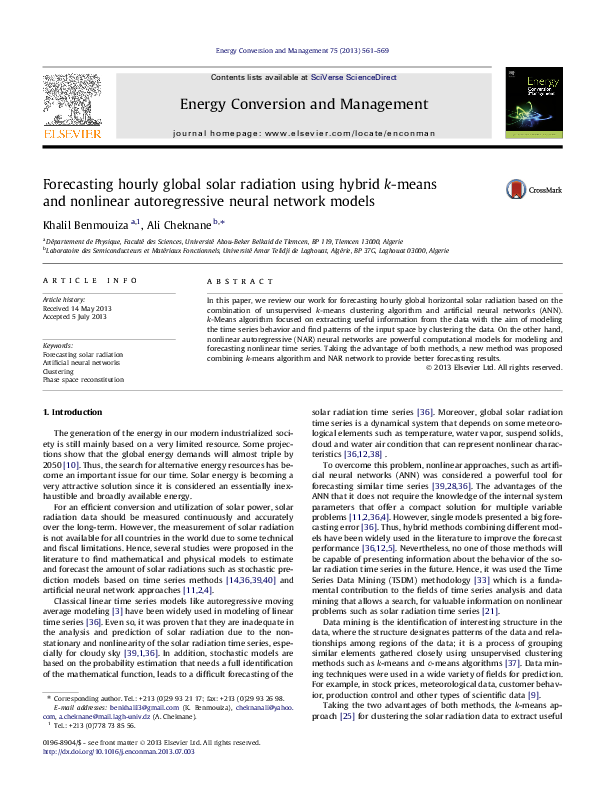 Forecasting hourly solar radiation using hybrid k-means and non linear autoregressive neural ...