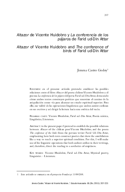 (PDF) Altazor de Vicente Huidobro y La Conferencia de los pájaros de ...