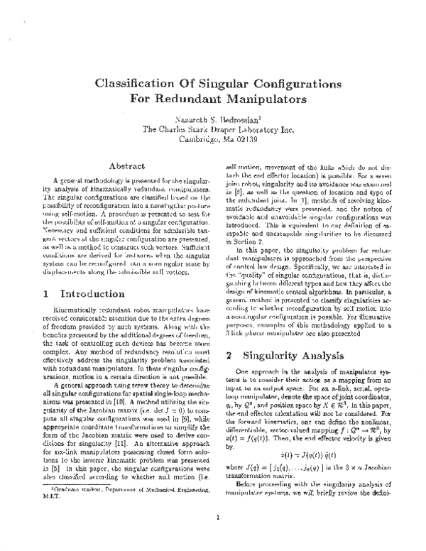 (PDF) Classification of singular configurations for redundant manipulators