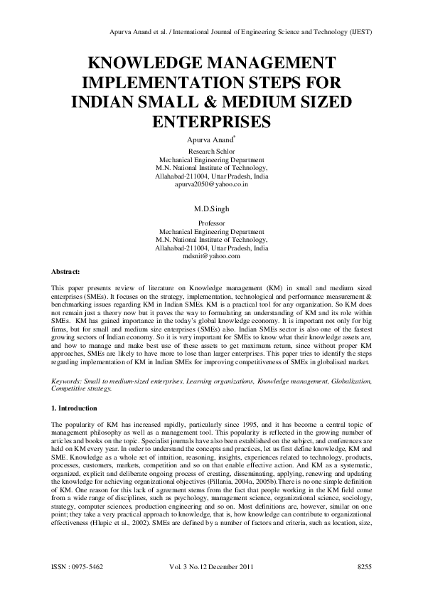 (PDF) KNOWLEDGE MANAGEMENT IMPLEMENTATION STEPS FOR INDIAN SMALL & MEDIUM SIZED ENTERPRISES