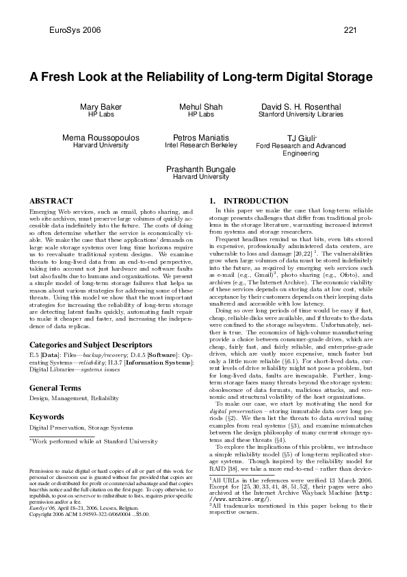 (PDF) A fresh look at the reliability of long-term digital storage