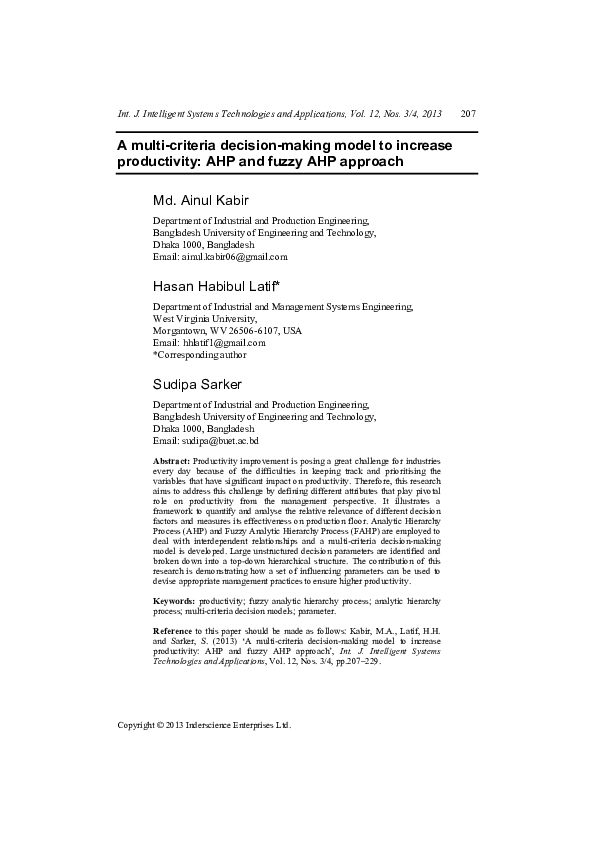 Pdf A Multi Criteria Decision Making Model To Increase Productivity Ahp And Fuzzy Ahp Approach