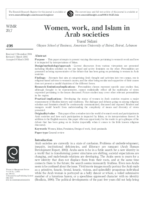 (PDF) Women, work, and Islam in Arab societies