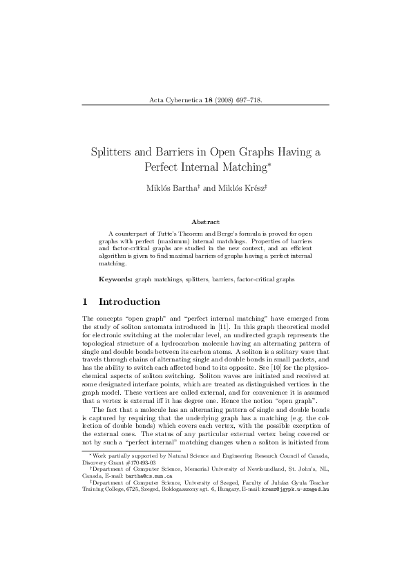 (PDF) Splitters and Barriers in Open Graphs Having a Perfect Internal ...