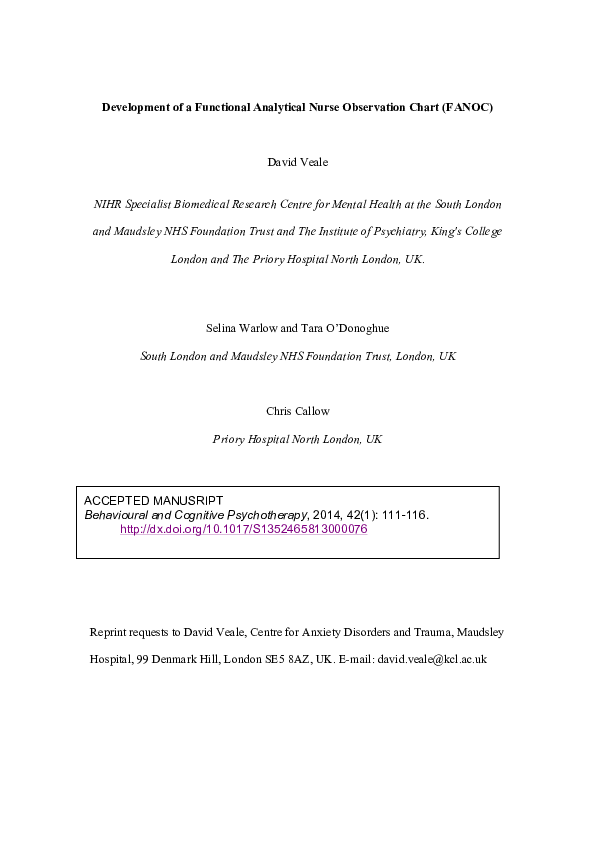 (PDF) Functional Analytical Nurse Observation Charts, 2013