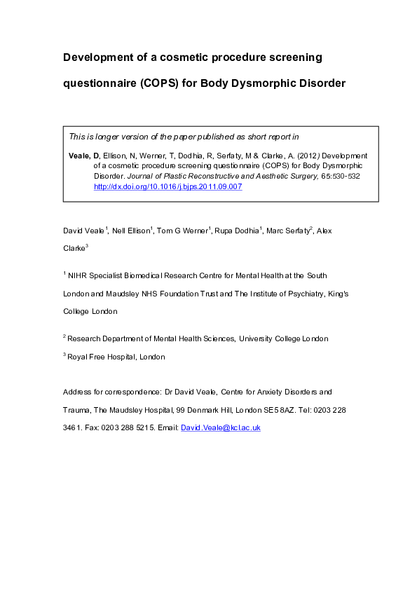 (PDF) Development of a cosmetic procedure screening questionnaire (COPS ...