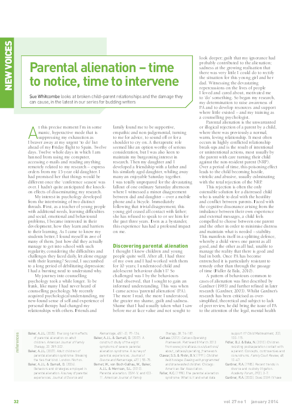 (PDF) Parental Alienation - time to notice, time to intervene | Sue ...