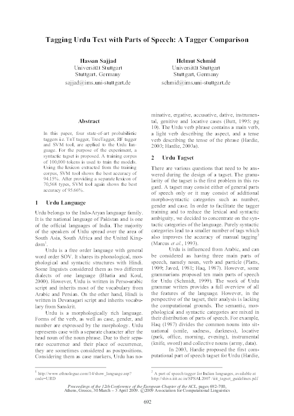 Pdf Tagging Urdu Text With Parts Of Speech A Tagger Comparison 5334