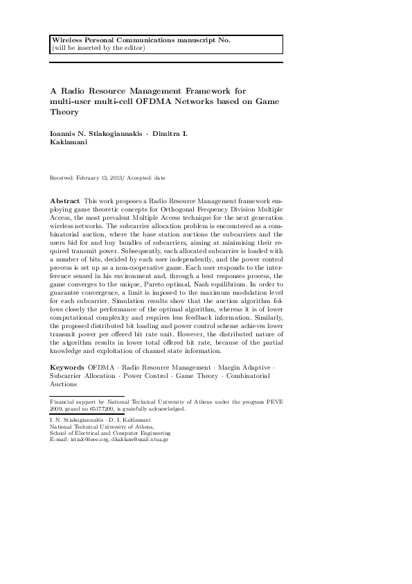 Pdf A Radio Resource Management Framework For Multi User Multi Cell Ofdma Networks Based On