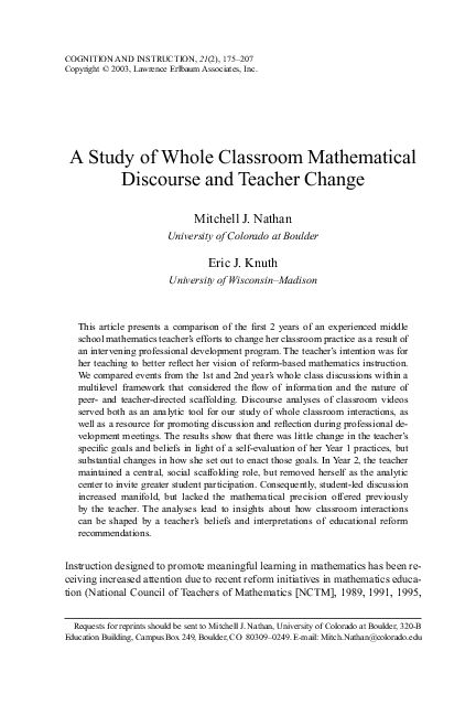 (PDF) A study of whole classroom mathematical discourse and teacher change