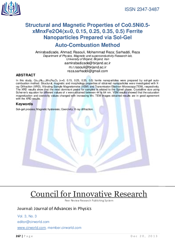 (PDF) Structural and Magnetic Properties of Co0.5Ni0.5-xMnxFe2O4(x=0-0.5) Ferrite Nanoparticles ...