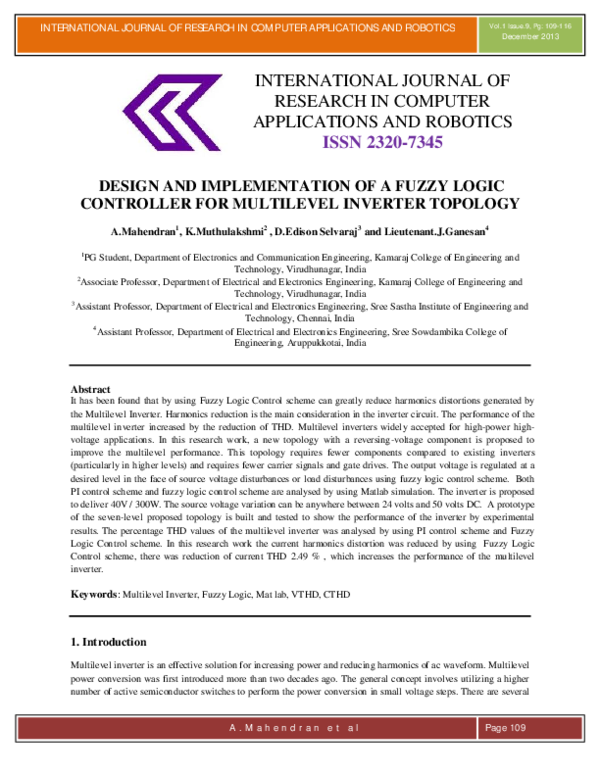 Pdf Design And Implementation Of A Fuzzy Logic Controller For Multilevel Inverter Topology