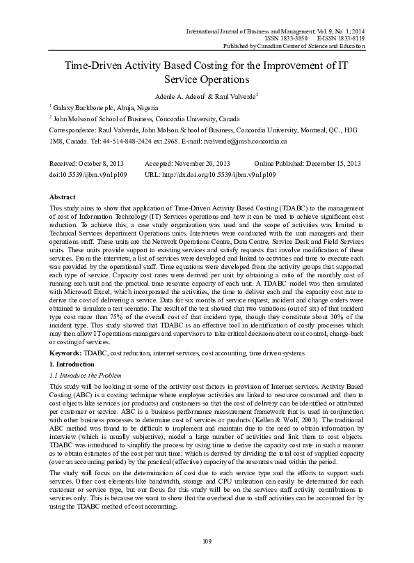 Pdf Time Driven Activity Based Costing For The Improvement Of It Services Operations