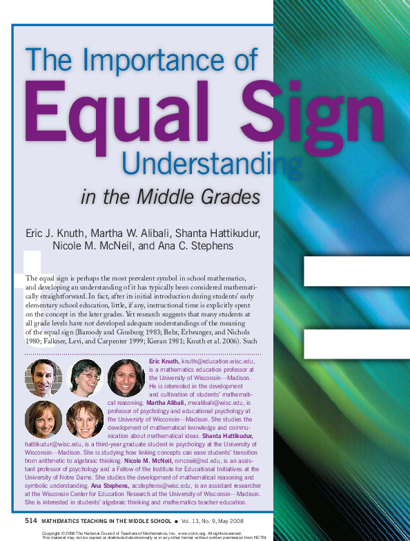 (PDF) The Importance of Equal Sign Understanding in the Middle Grades.
