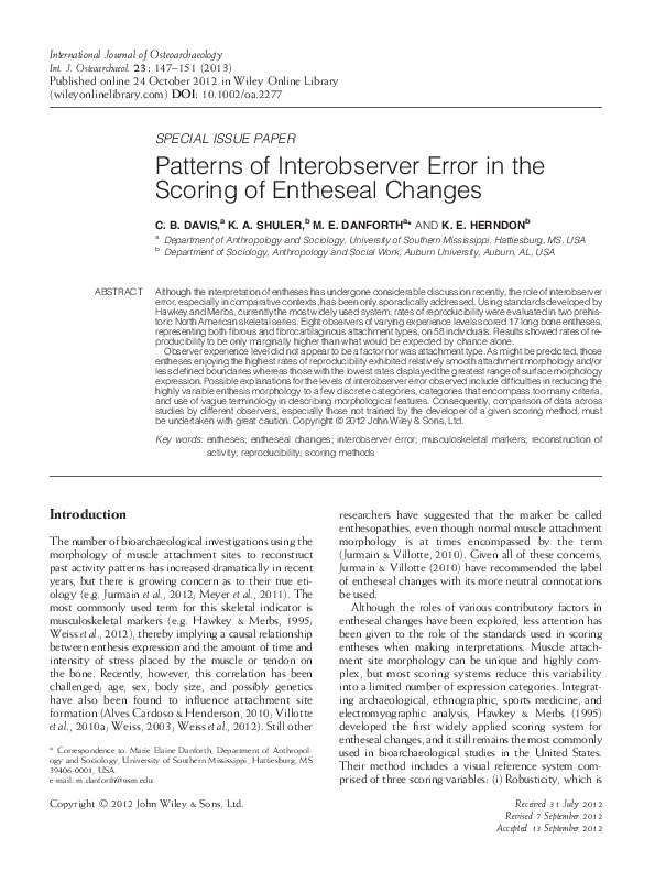 (PDF) Patterns of Interobserver Error in the Scoring of Entheseal Changes