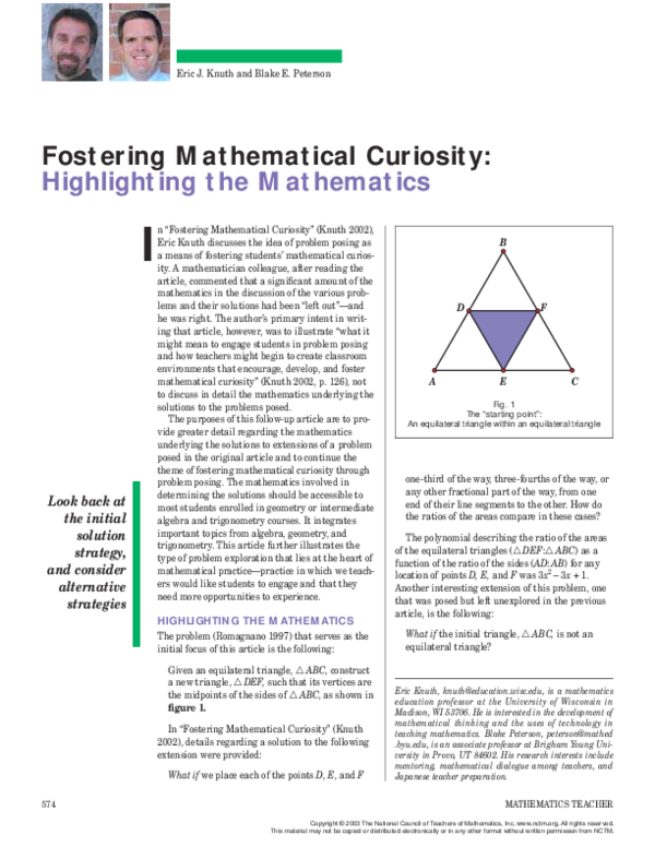 (PDF) Fostering mathematical curiosity: Highlighting the mathematics