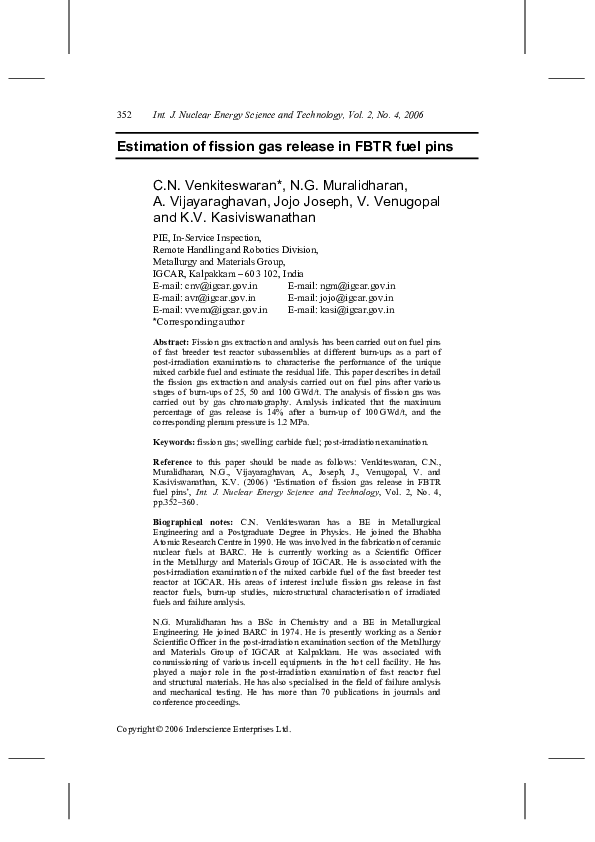 (PDF) Estimation of fission gas release in FBTR fuel pins