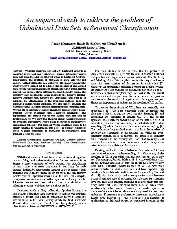 (PDF) An empirical study to address the problem of Unbalanced Data Sets in Sentiment Classification