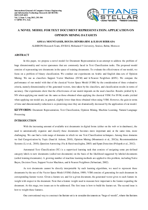 Pdf A Novel Model For Text Document Representation Application On Opinion Mining Datasets