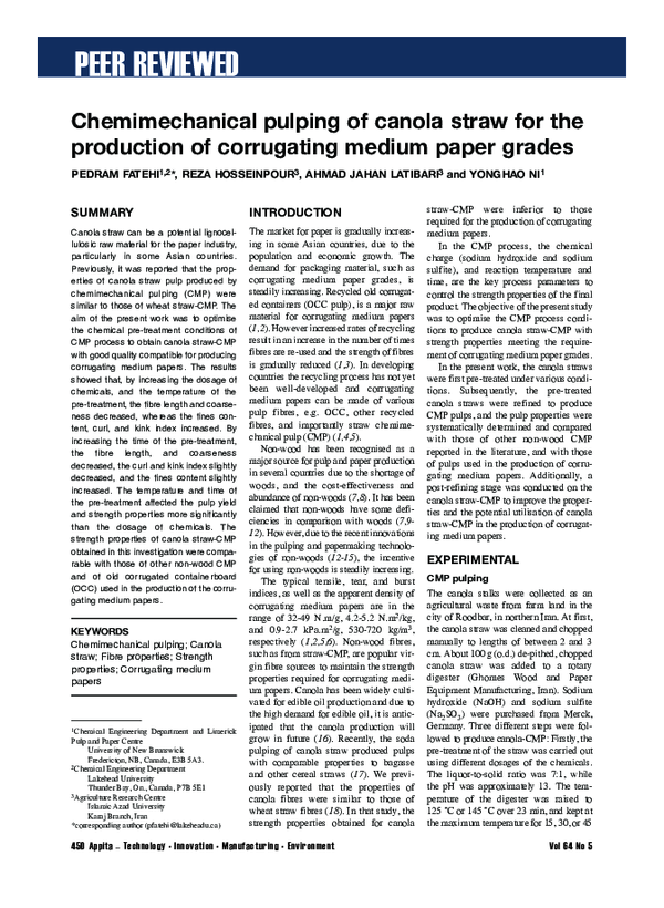 (PDF) Chemimechanical pulping of canola straw for the production of ...