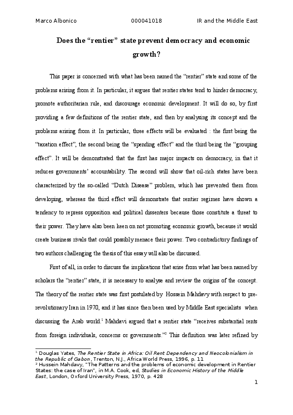 (DOC) Does the 'rentier' state prevent democracy and economic growth?