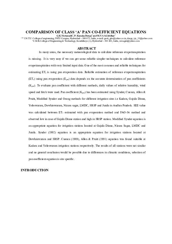 (DOC) COMPARISON OF CLASS ‘A’ PAN CO-EFFICIENT EQUATIONS