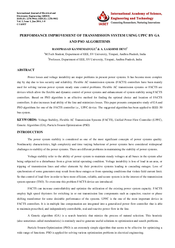 (PDF) PERFORMANCE IMPROVEMENT OF TRANSMISSION SYSTEM USING UPFC BY GA AND PSO ALGORITHMS