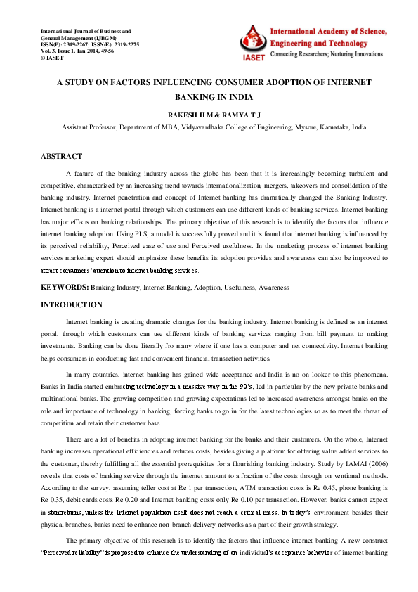 (PDF) A STUDY ON FACTORS INFLUENCING CONSUMER ADOPTION OF INTERNET BANKING IN INDIA