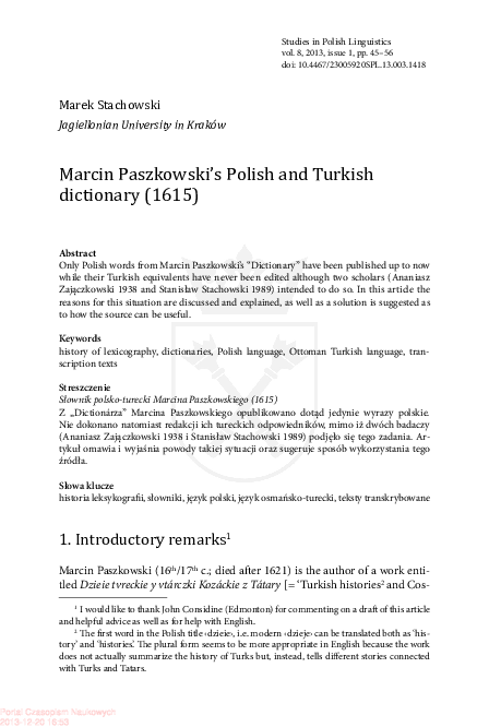(PDF) Marcin Paszkowski's Polish and Turkish dictionary (1615)