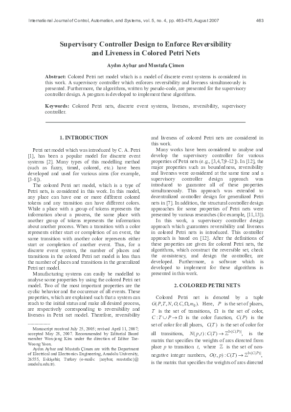 (PDF) Supervisory Controller Design to Enforce Reversibility and Liveness in Colored Petri Nets