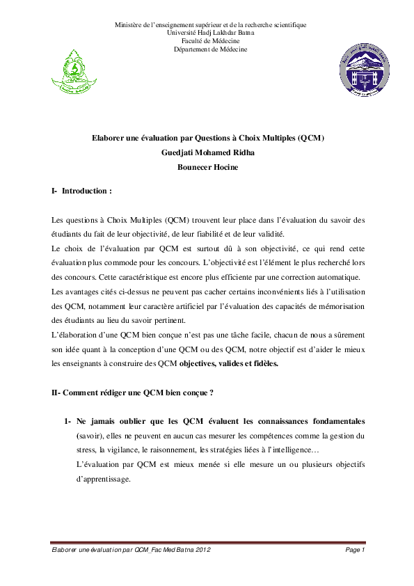 (PDF) Elaborer une évaluation par Questions à Choix Multiples