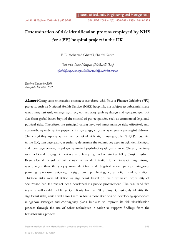 (PDF) Determination of risk identification process employed by NHS for ...