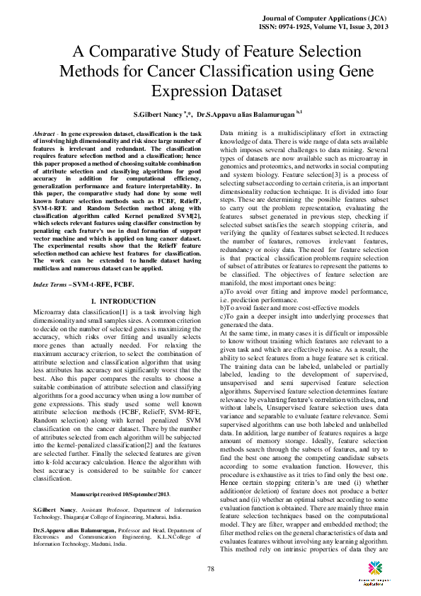 (PDF) A Comparative Study of Feature Selection Methods for Cancer Classification using Gene ...