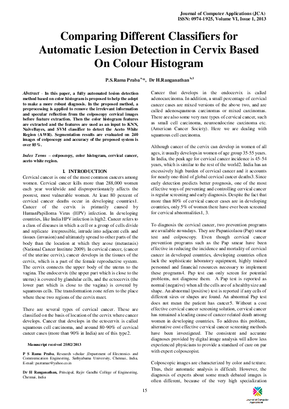 Pdf Comparing Different Classifiers For Automatic Lesion Detection In Cervix Based On Colour