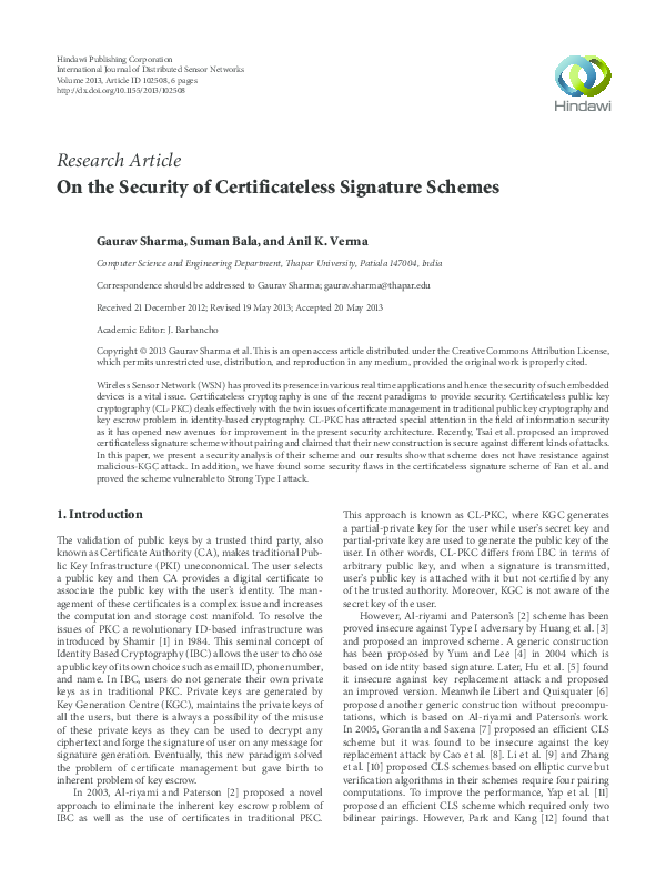 (PDF) On the Security of Certificateless Signature Schemes