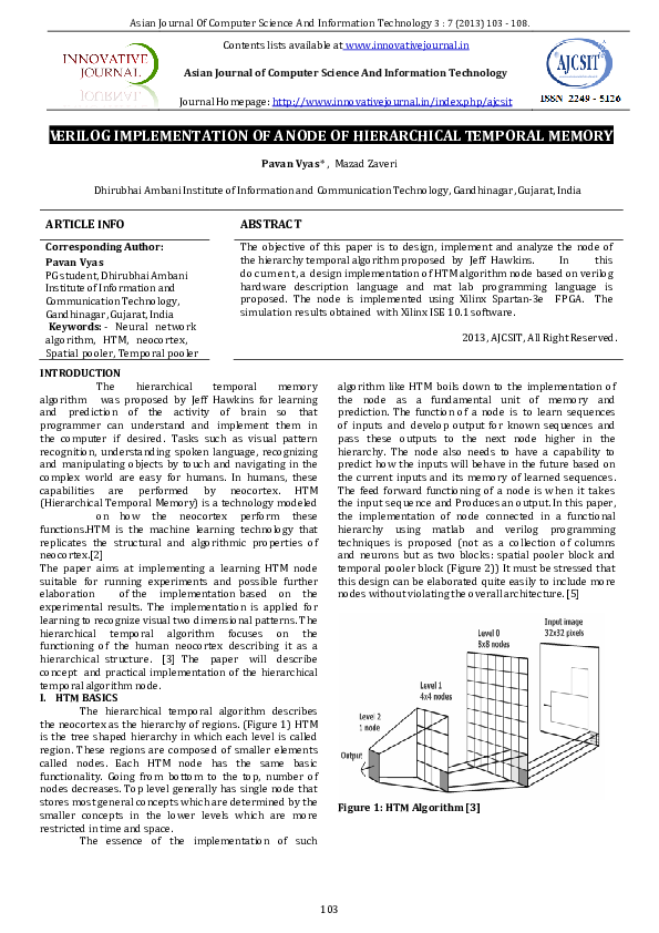 Pdf Verilog Implementation Of A Node Of Hierarchical Temporal Memory